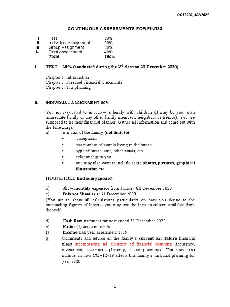Continuous Assessments Fin533 | PDF | Financial Plan | Money