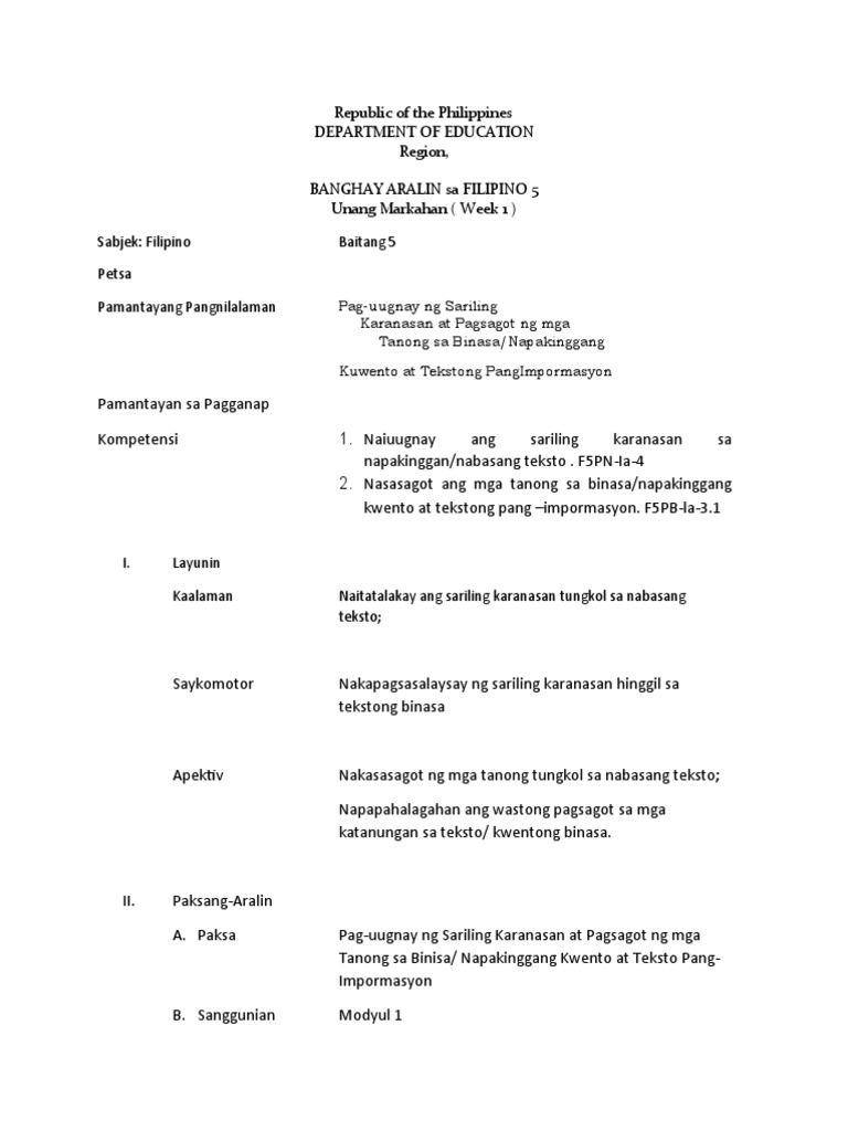 G-5 Prototype Lesson Plan Q1 (M1-M8) | PDF