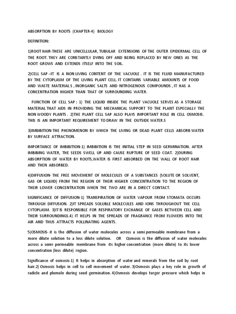 Class 10 Biology: Root Absorption Notes | PDF | Osmosis | Chemistry