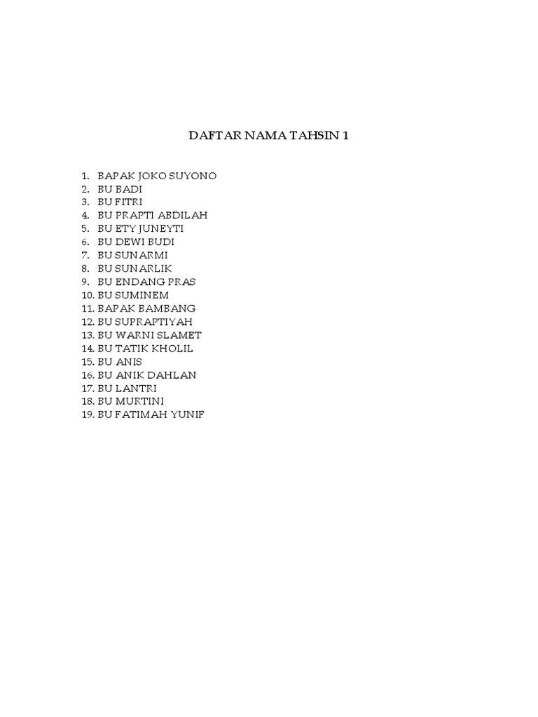 Daftar Nama Tahsin 1 | PDF