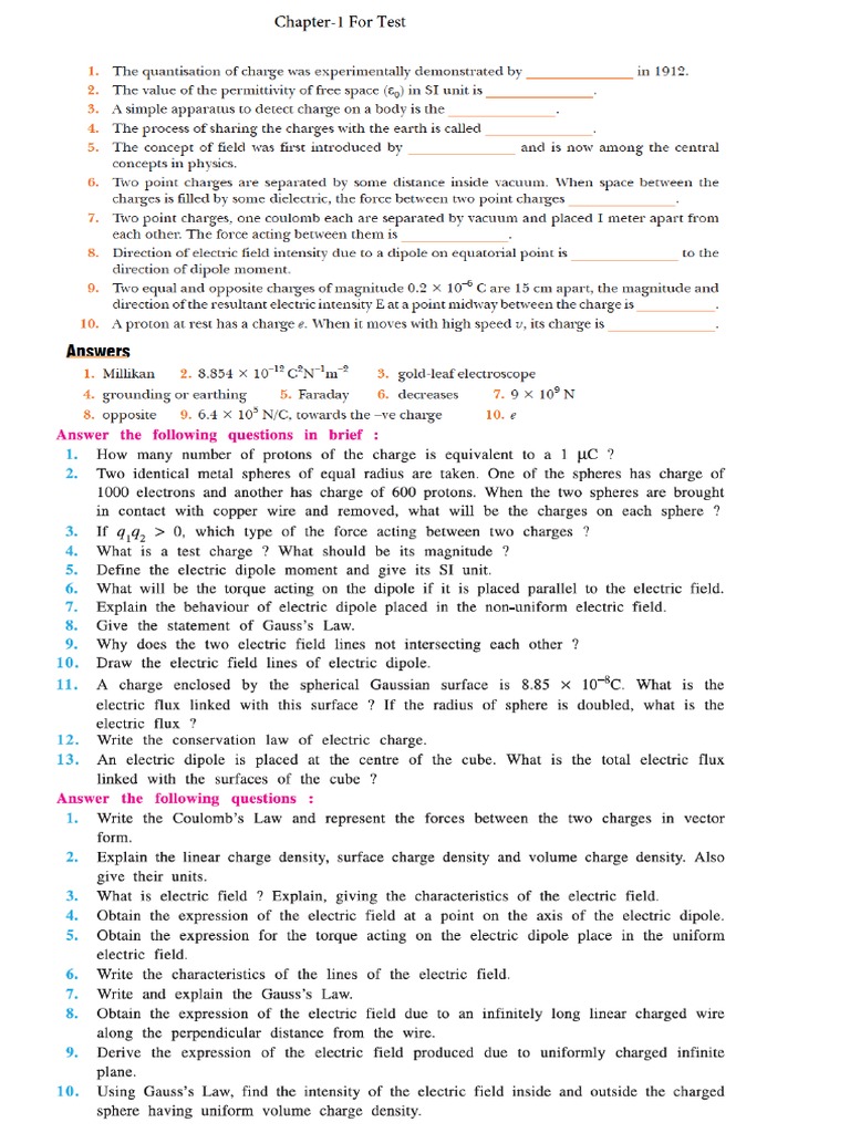 Electric Charges and Fields MCQs Guide | PDF | Electric Field ...