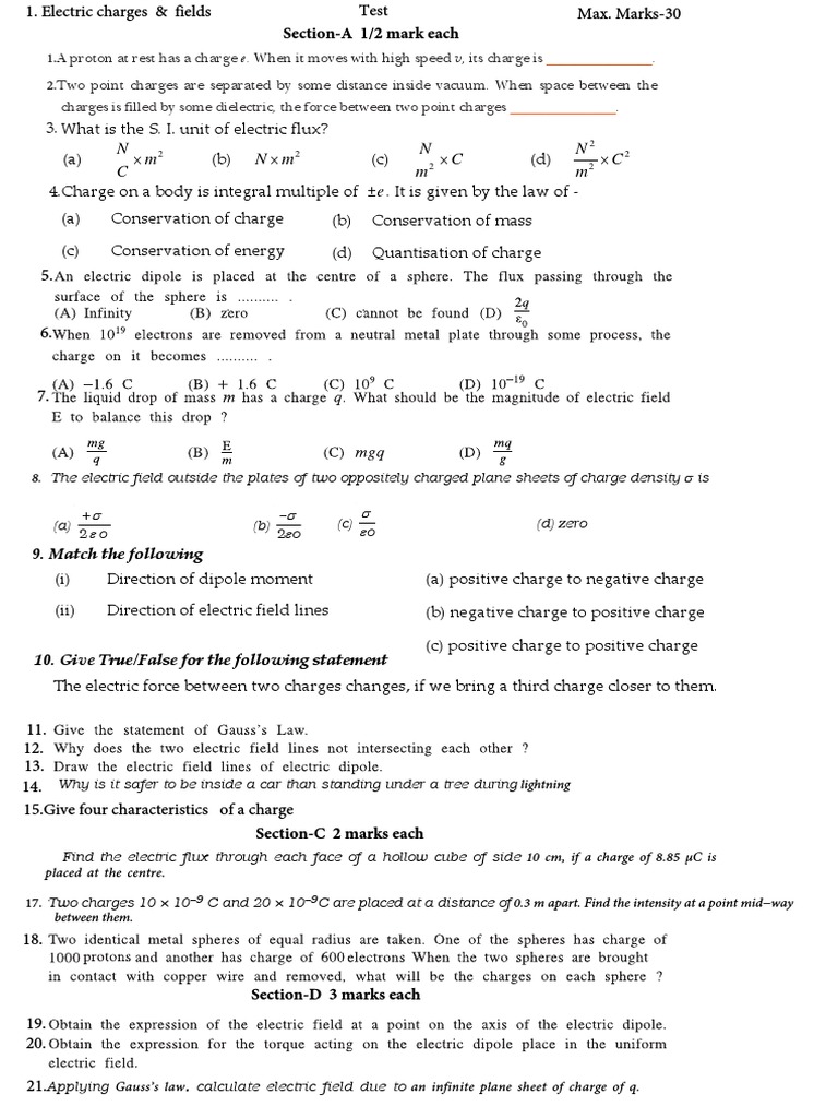 Electric Charges and Fields Mock Test | PDF | Electric Field | Electric ...
