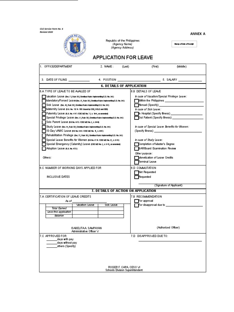 Cs Form No 6 Revised 2020 Application For Leave Secured Pdf