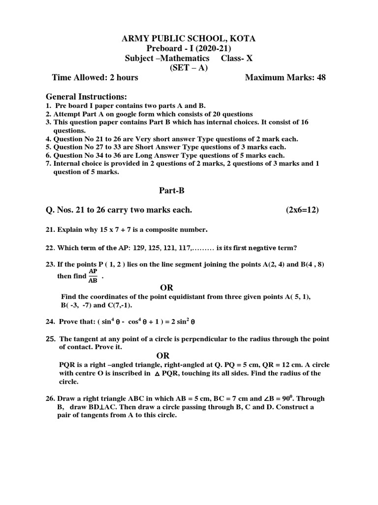 PB - I Maths Set A Class 10 Sample Paper | PDF | Circle | Triangle