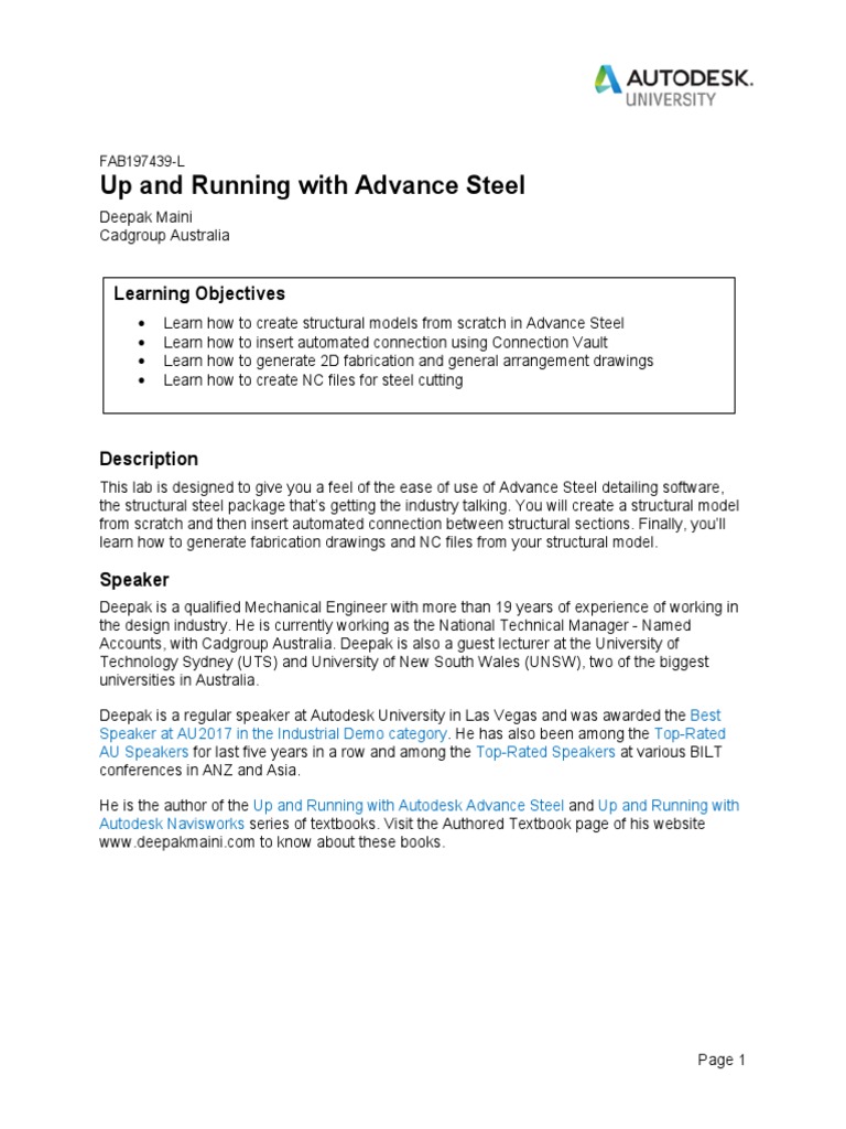 Advance Steel - Class - Handout - FAB197439L - Up - and - Running ...