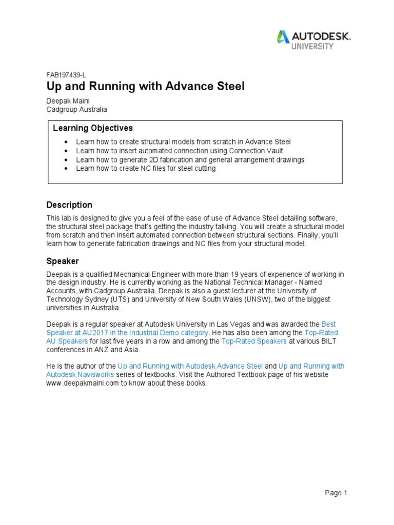 Advance Steel Optional Additional Class Materials FAB197439L Up and Running With Advance Steel ...