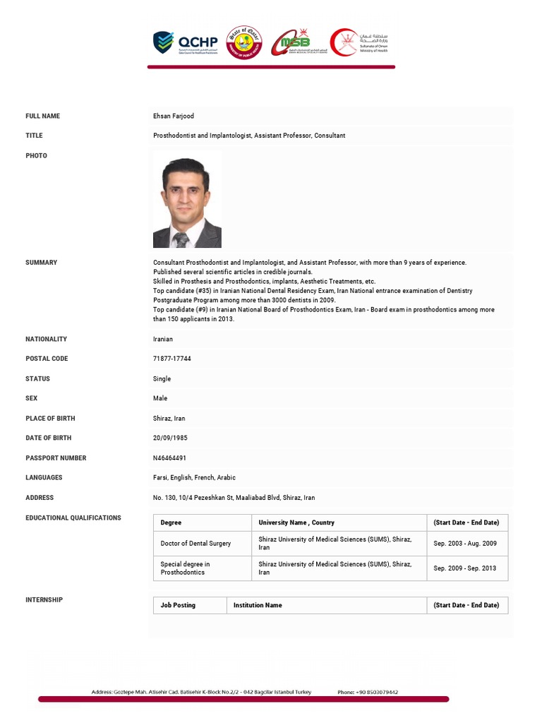 Comprehensive Curriculum Vitae of Dr. Ehsan Farjood, Prosthodontist and Implantologist with Over ...