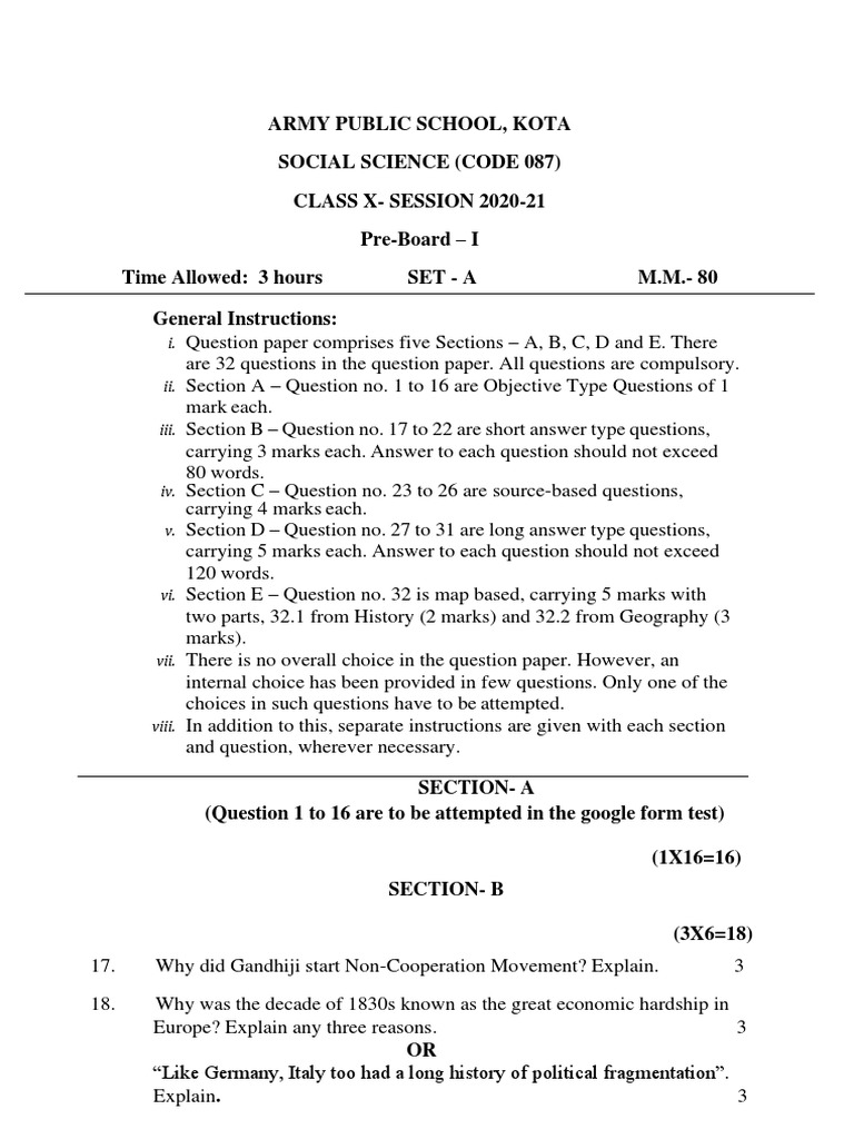 Class X SST Pre Board I - SET-A | PDF | Economies