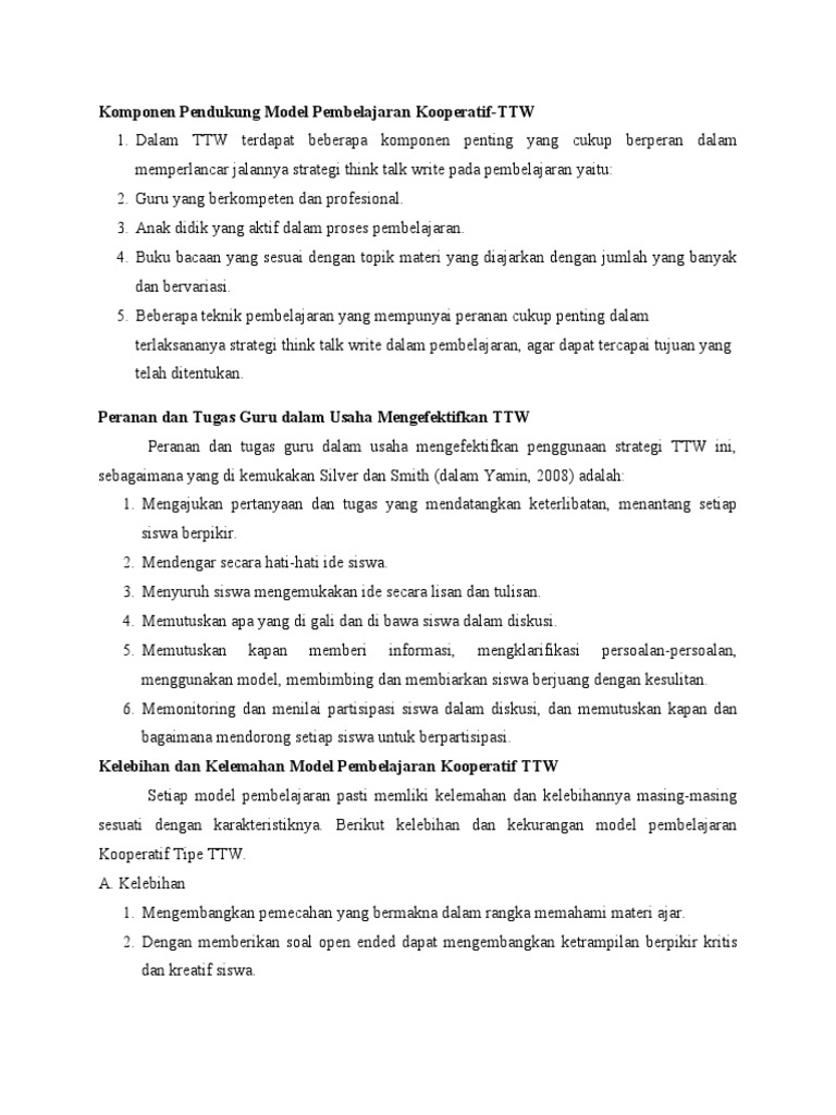 Komponen Pendukung Model Pembelajaran Kooperatif-TTW | PDF