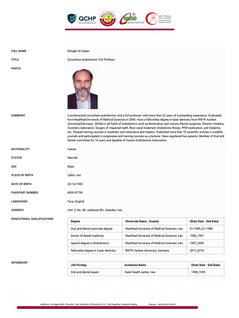 Resume - Eshagh Ali Saberi | PDF | Dentistry | Medicine