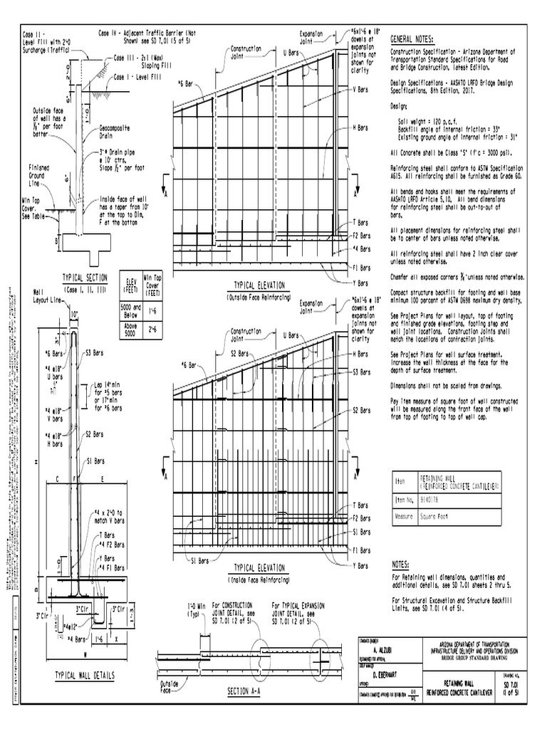 ADOT Standard Drawing SD 7.01: Retaining Wall | PDF | Civil Engineering ...
