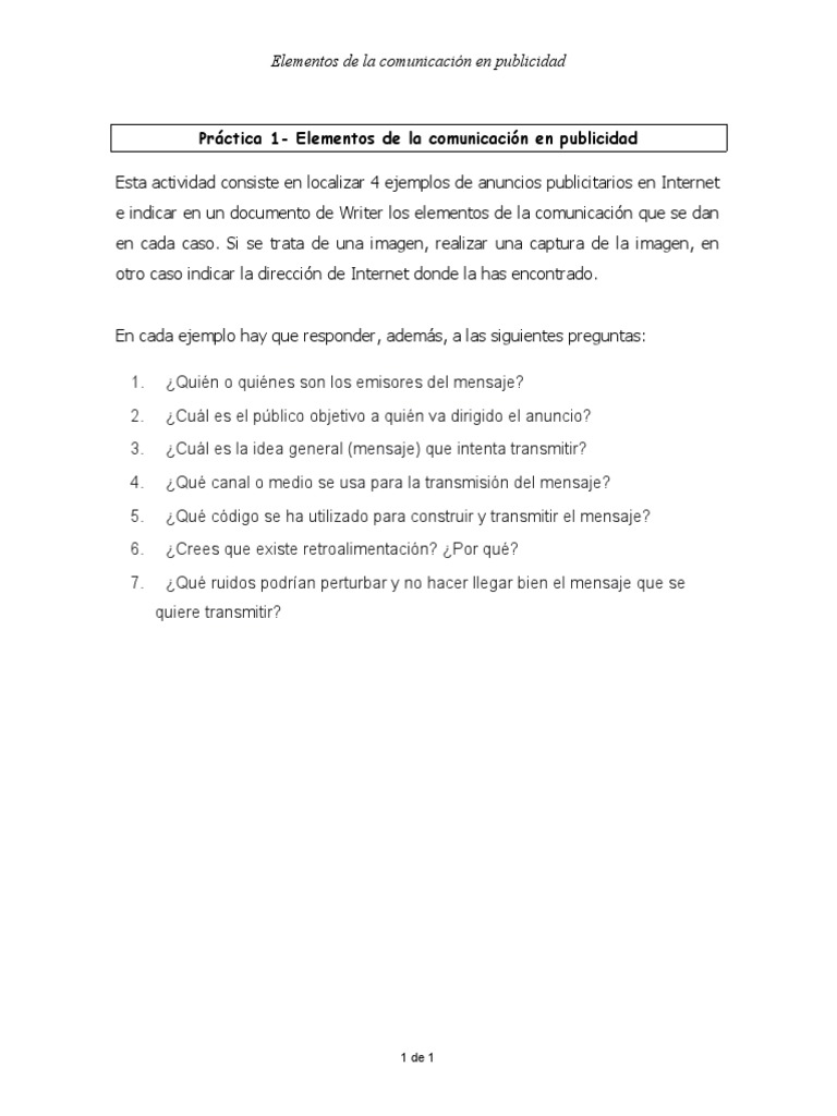 PrÃ¡ctica 1 Elementos De La Comunicaciã N En Publicidad 3 Pdf