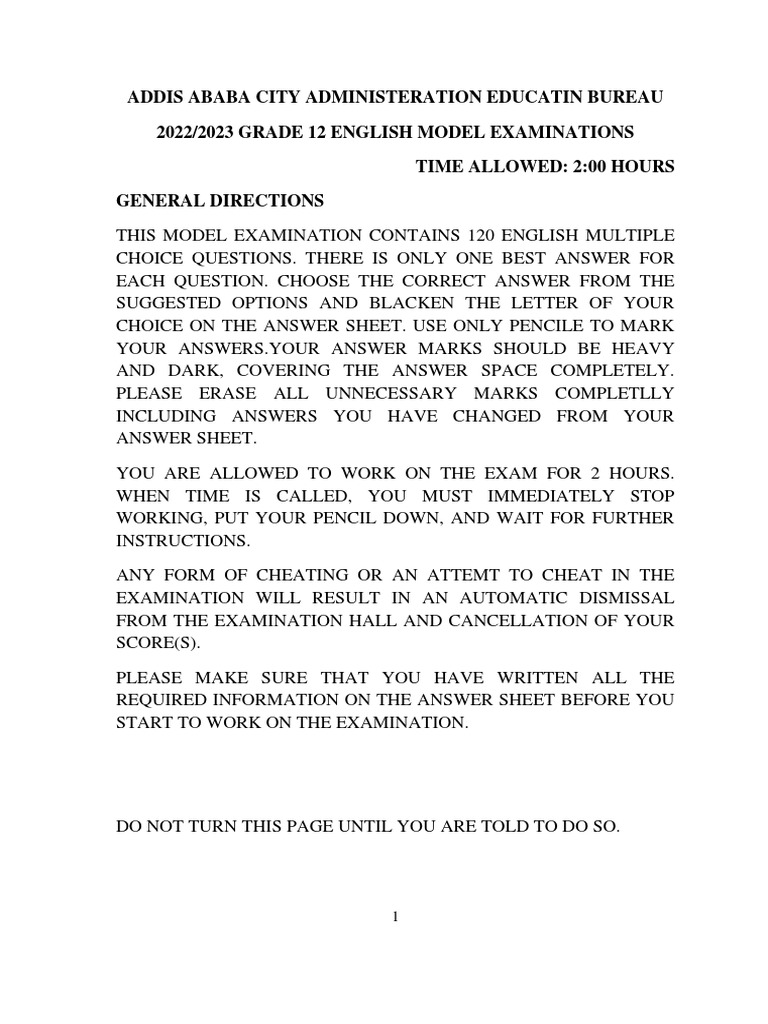 English MODEL EXAM FOR GRADE 12 | PDF | Cost Of Living | Test (Assessment)