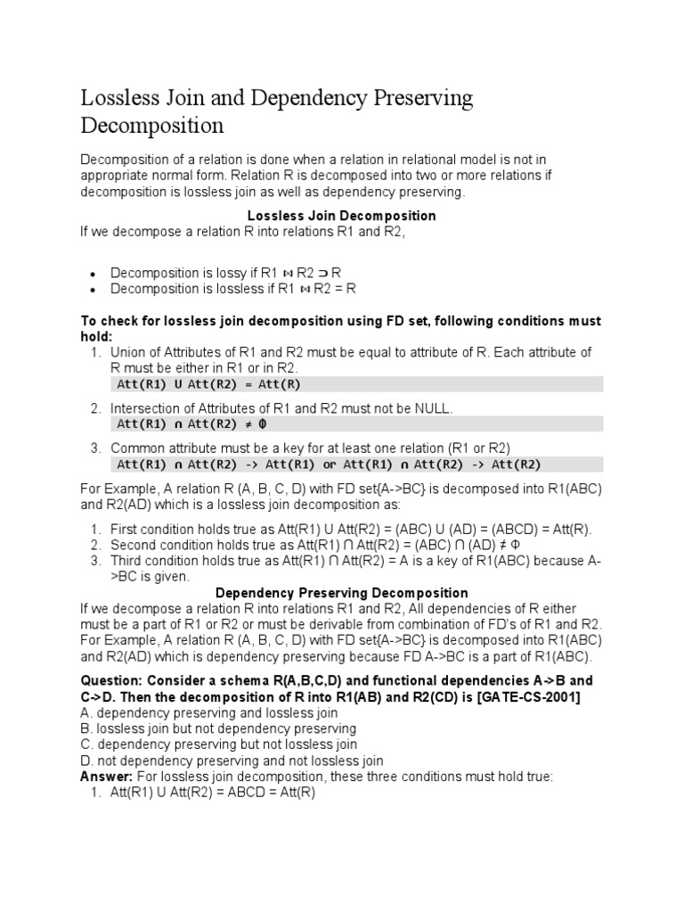 Lossless Join And Dependency Preserving Decomposition Pdf Computer 9164