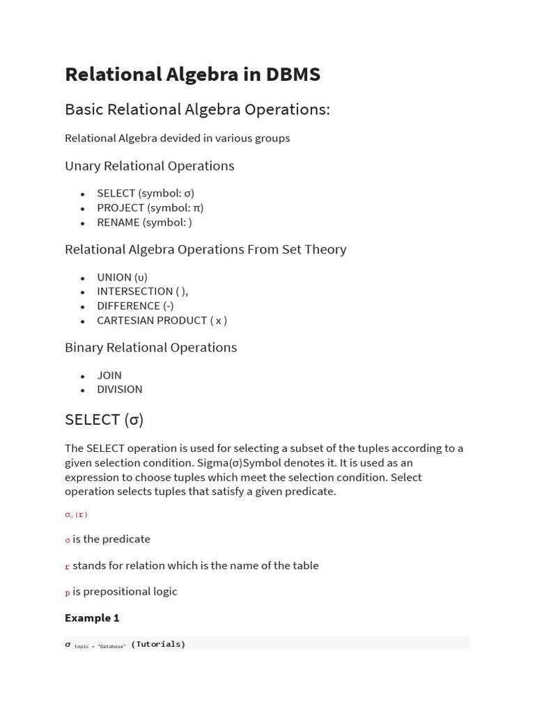 Relational Algebra in DBMS | PDF | Relational Model | Mathematics