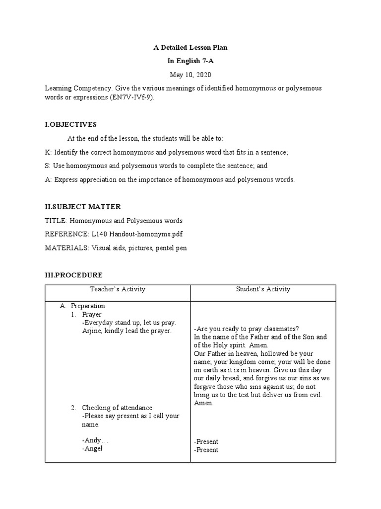 A Detailed Lesson Plan | PDF | Definition | Lesson Plan