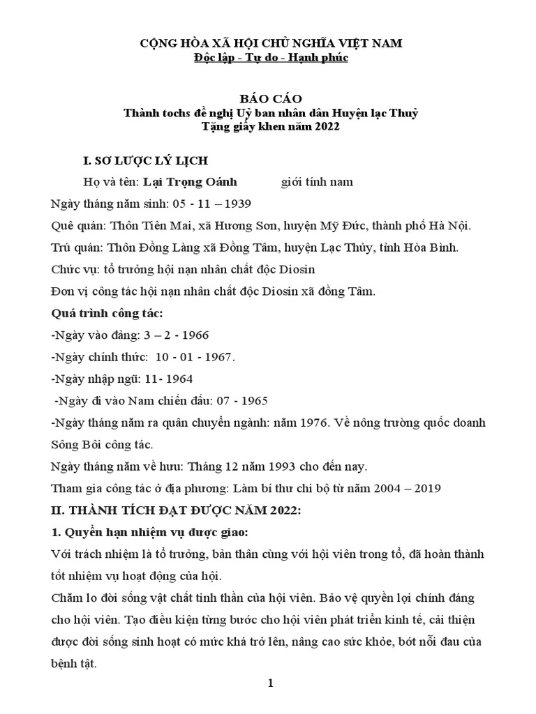 Bao Cao Thanh Tich de Nghi Khen Thuong Nam 2022 | PDF