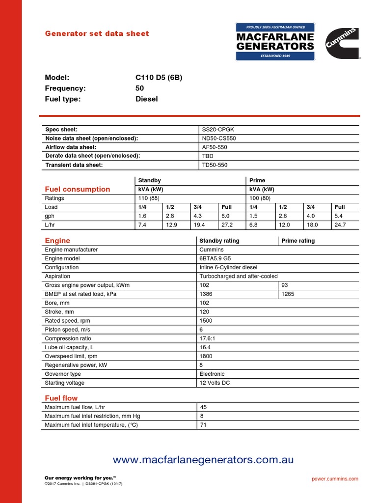 Cummins C110D5 Data Sheet Macfarlane Generators | PDF | Diesel Engine ...