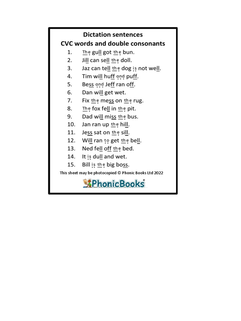 Dictation CVC Sentences Double Consonants | PDF