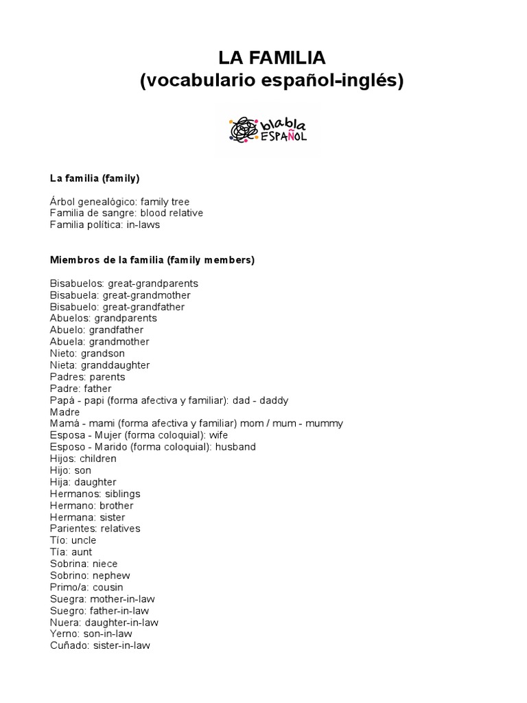 Vocabulario en PDF Familia | PDF