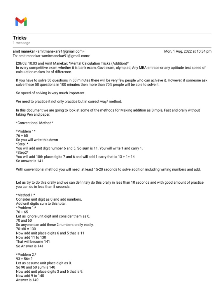 Mental Calculation Tricks | PDF | Mathematics | Arithmetic