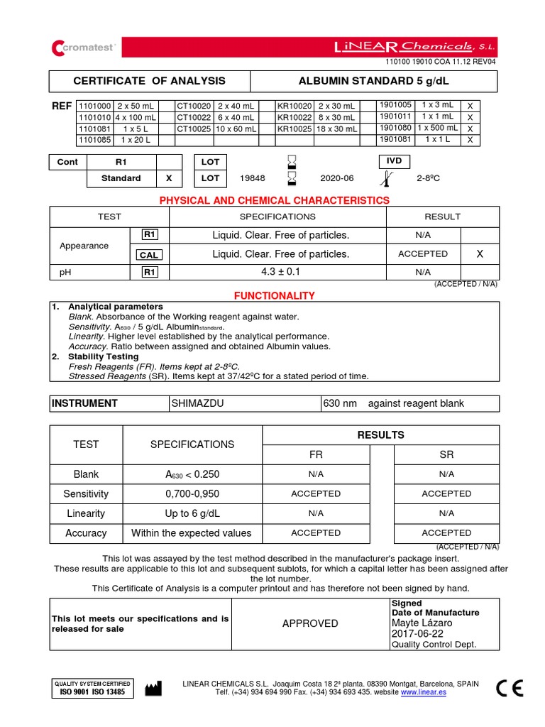 Certificate of Analysis Albumin Standard 5 G/DL: Physical and Chemical Characteristics | PDF ...