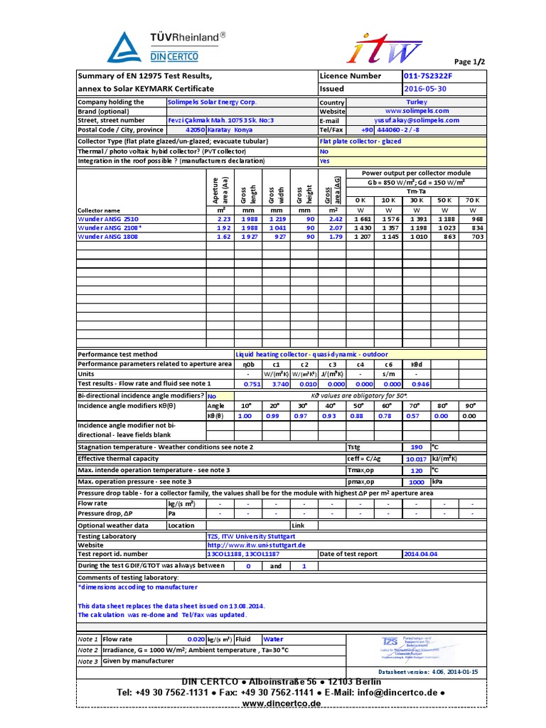 Annex To Solar KEYMARK Certificate Issued Summary of EN 12975 Test ...