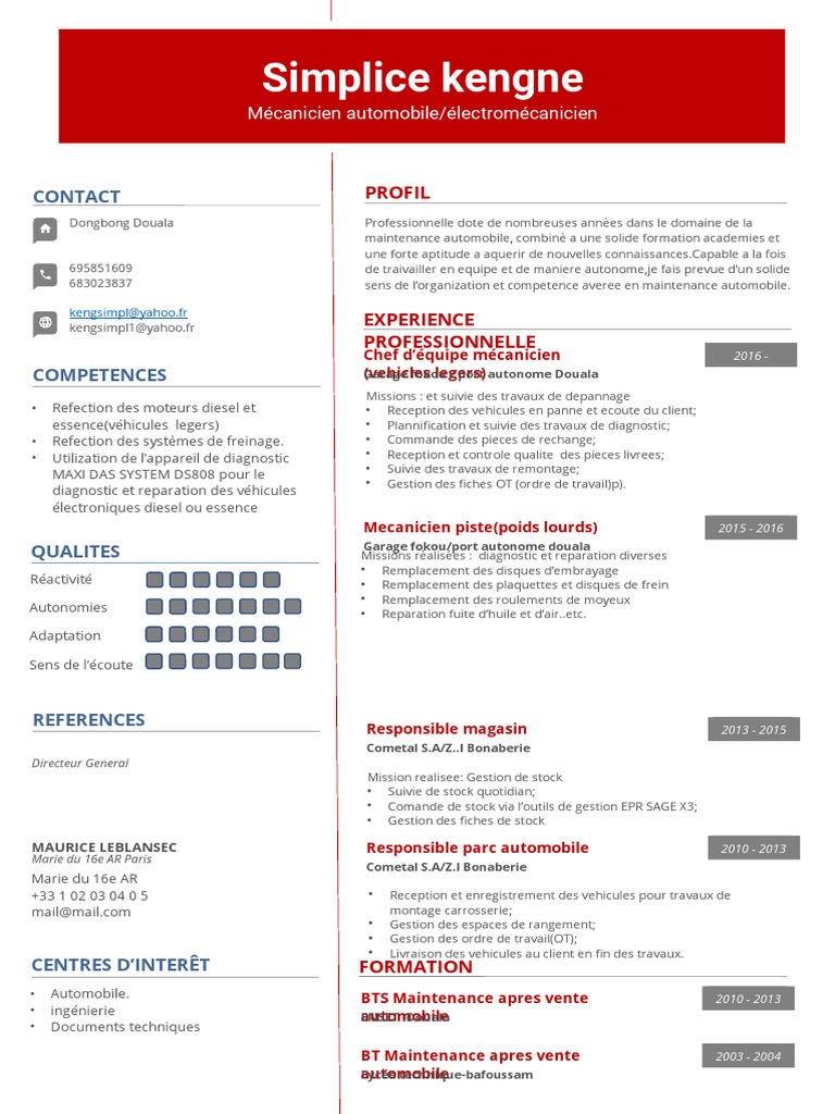 Simplice Kengne: Mécanicien Automobile/électromécanicien | PDF ...