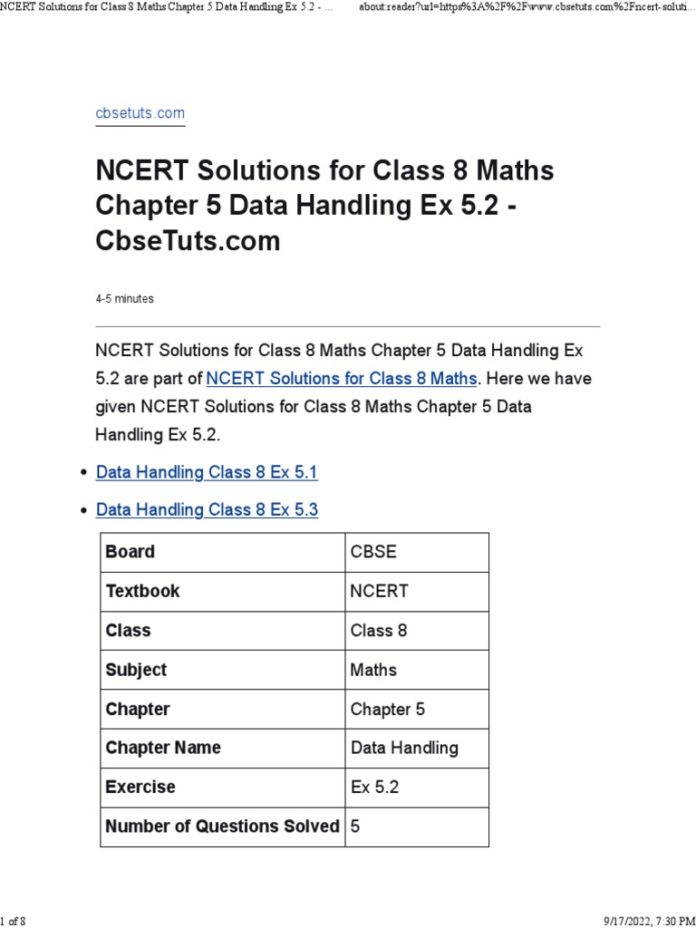 NCERT Class 8 Maths Ex 5.2 Solutions | PDF | Mathematics | Pie Chart
