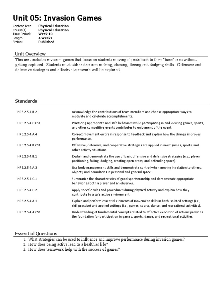 Invasion Games Unit Overview | PDF | Learning | Behavior Modification