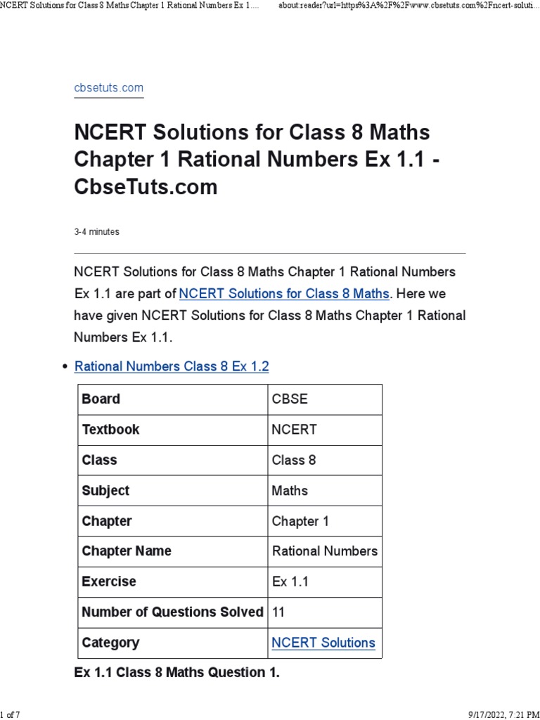 Chapter 1 Rational Numbers Ex 1.1 | PDF | Multiplication | Numbers