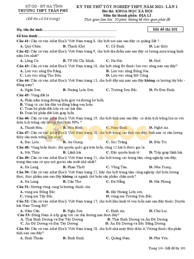 De Thi Thu THPT Quoc Gia 2021 Mon Dia Li Truong Tran Phu Ha Tinh Lan 1 | PDF