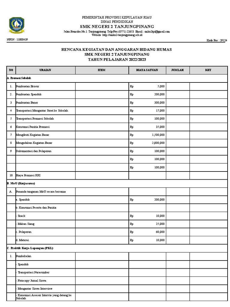 Rencana Anggaran Kegiatan Humas SMK | PDF
