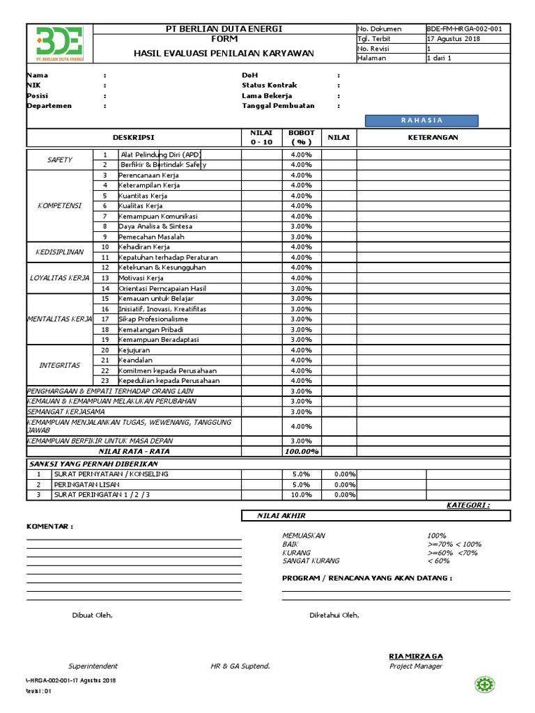 Bde-Fm-Hrga-002-001 Form Hasil Evaluasi Penilaian Karyawan | PDF