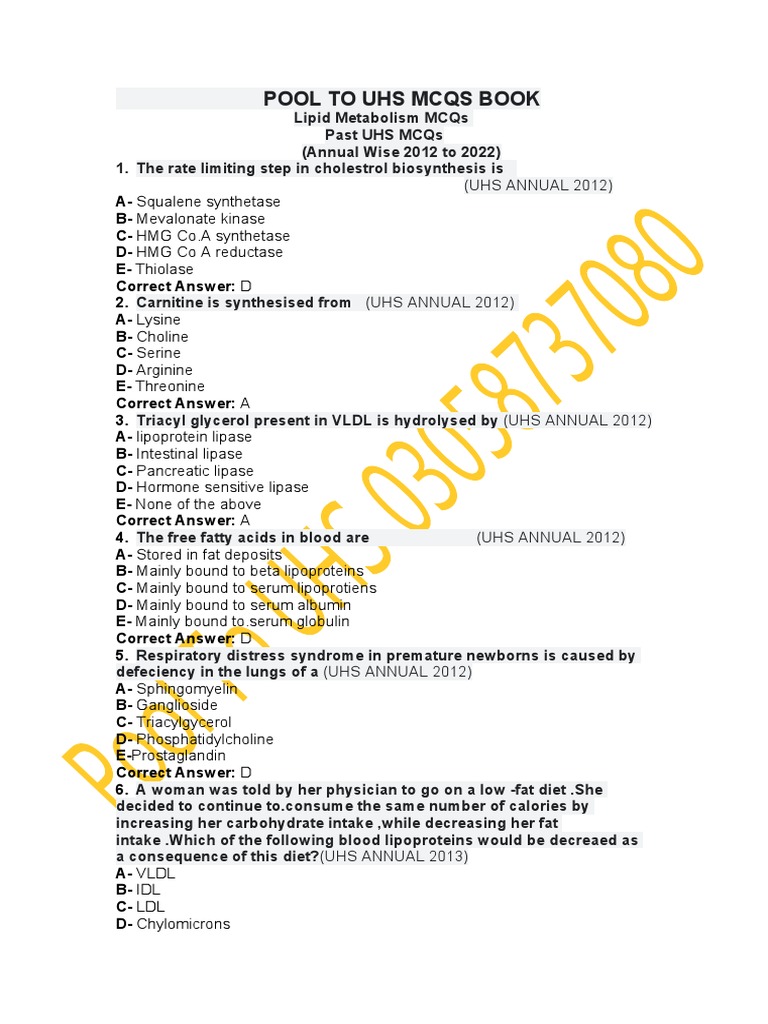 Lipid Metabolism MCQs and Answers | PDF | Lipoprotein | Cholesterol