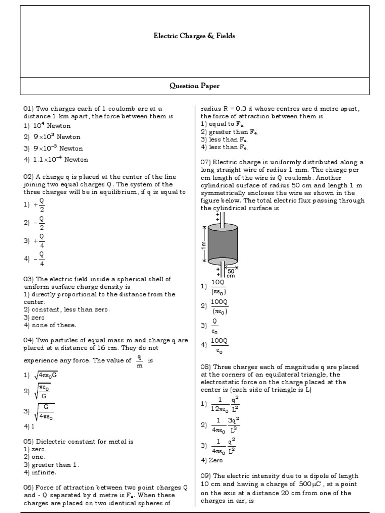 Electric Charges & Fields - QP 1 | Download Free PDF | Electric Field ...