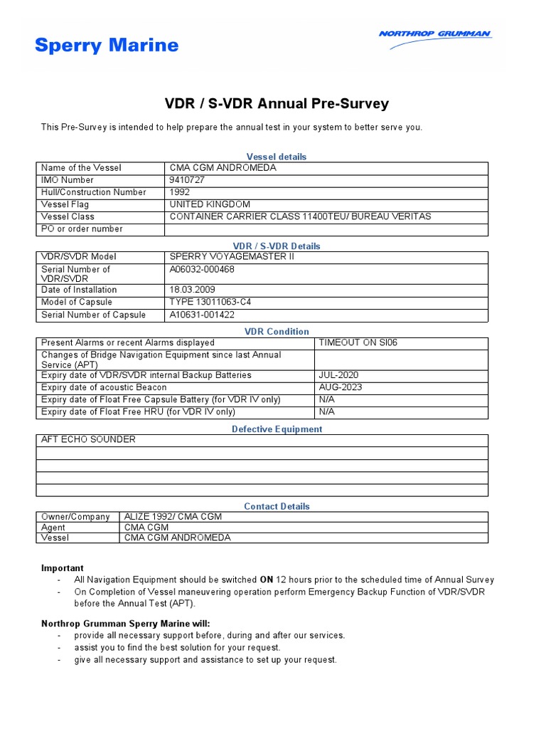 Pre-Survey Checklist - VDR | PDF | Water Transport | Transport