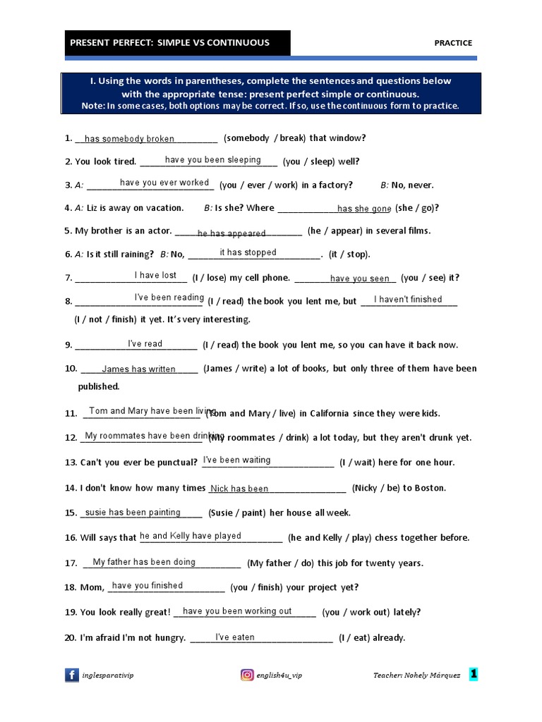 Present Perfect - Simple Vs Continuous. Practice | PDF | Language Mechanics | Grammar