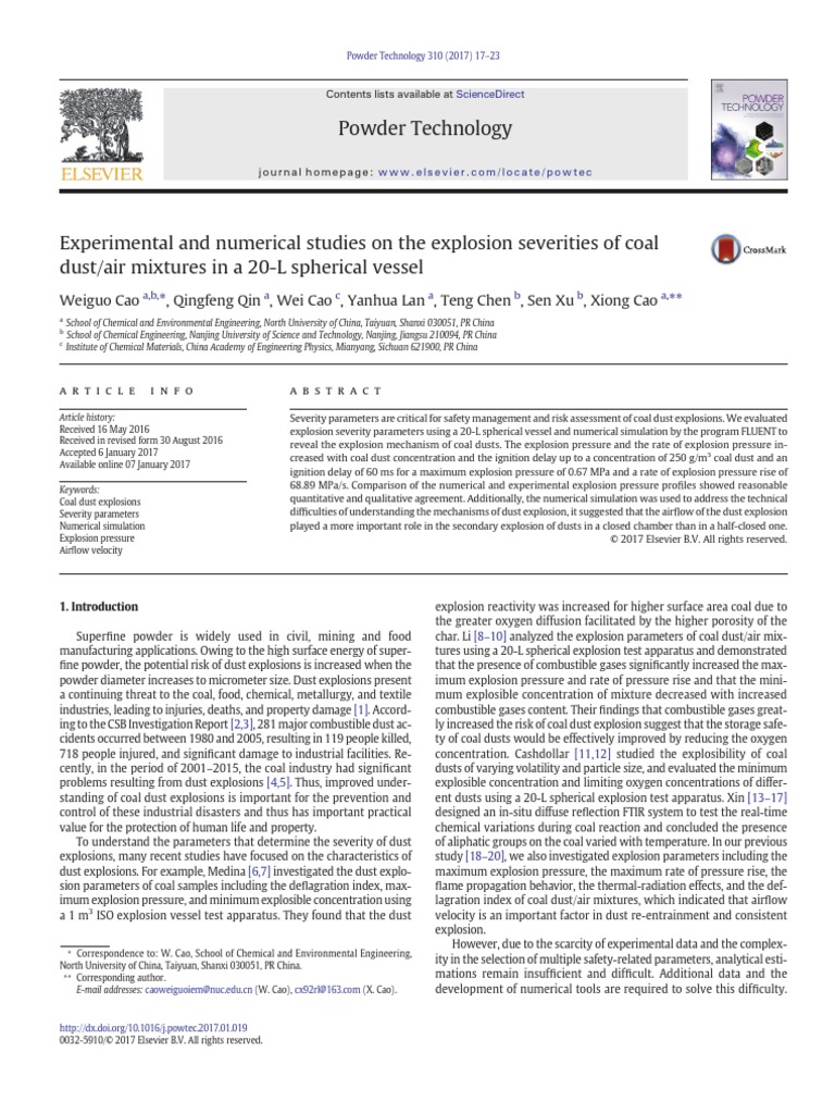 Cao Et Al. - 2017 - Experimental and Numerical Studies On The Explosion Severities of Coal ...