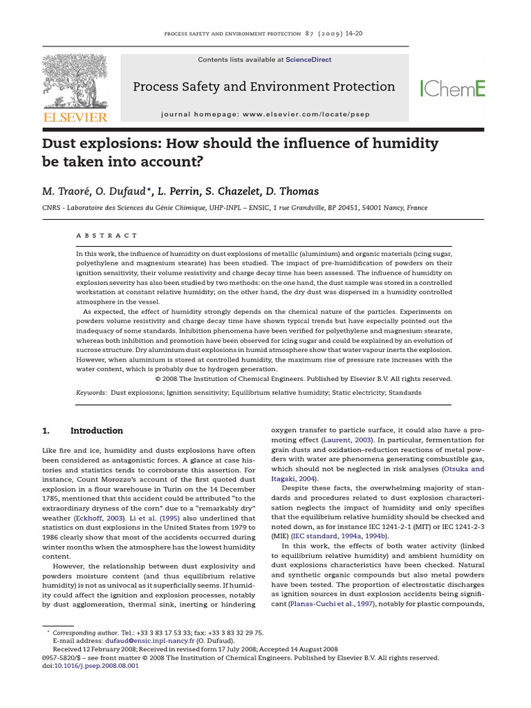 Traoré Et Al. - 2009 - Dust Explosions How Should The Influence of Humidity Be Taken Into ...