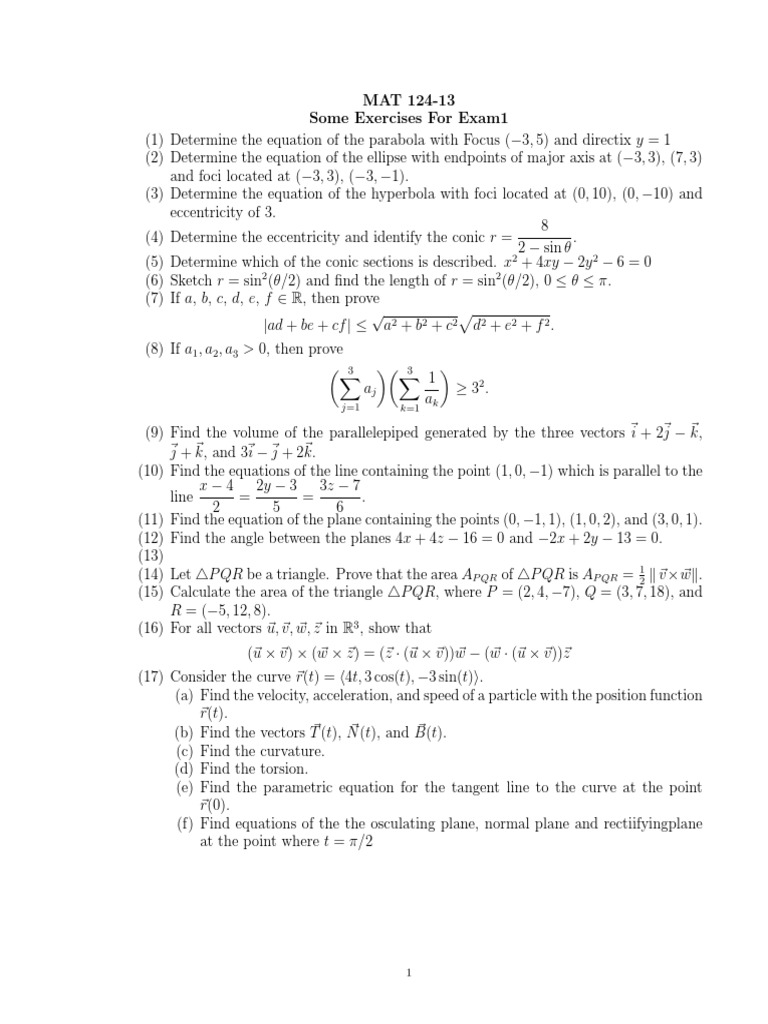 MAT 124-13 Some Exercises | PDF | Ellipse | Algebraic Geometry