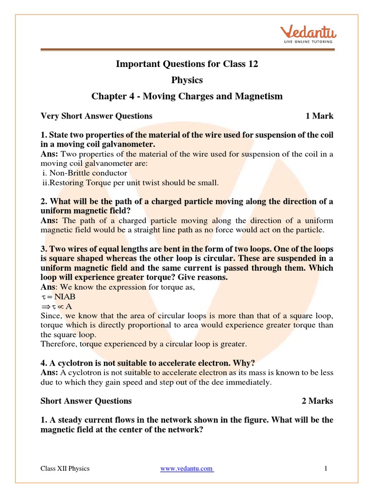 CBSE Class 12 Important Questions For Physics Chapter 4 - Moving ...
