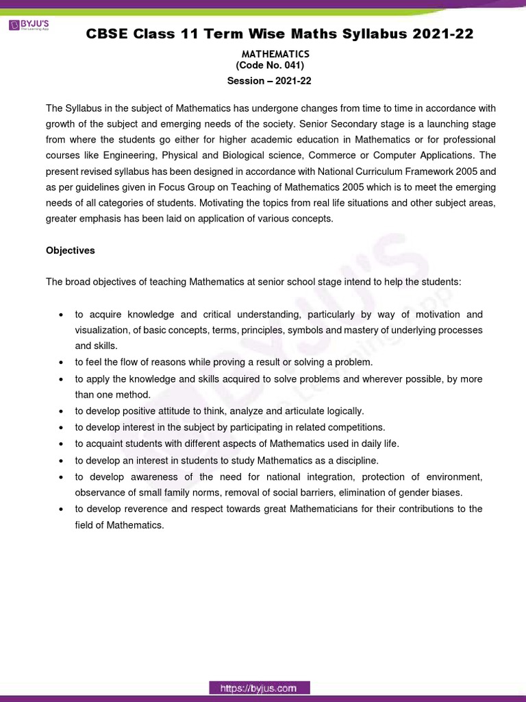 CBSE Class 11 Term Wise Maths Syllabus 2021 22 | PDF | Set (Mathematics ...