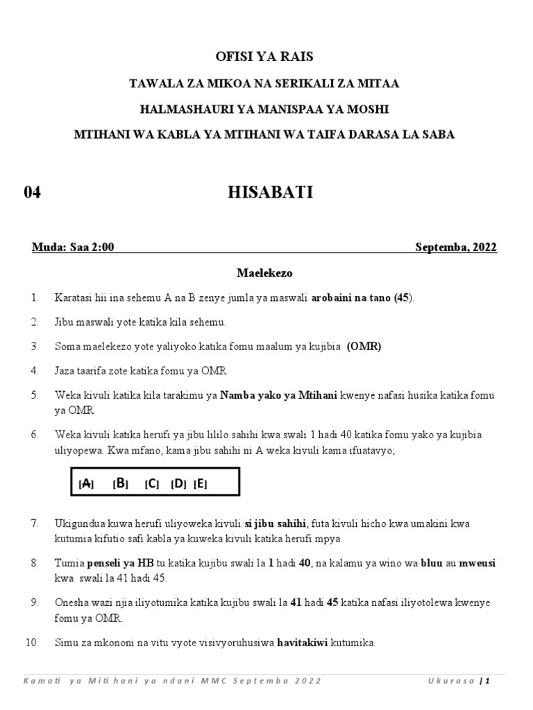 Hisabati Vii Sept 2022 | PDF