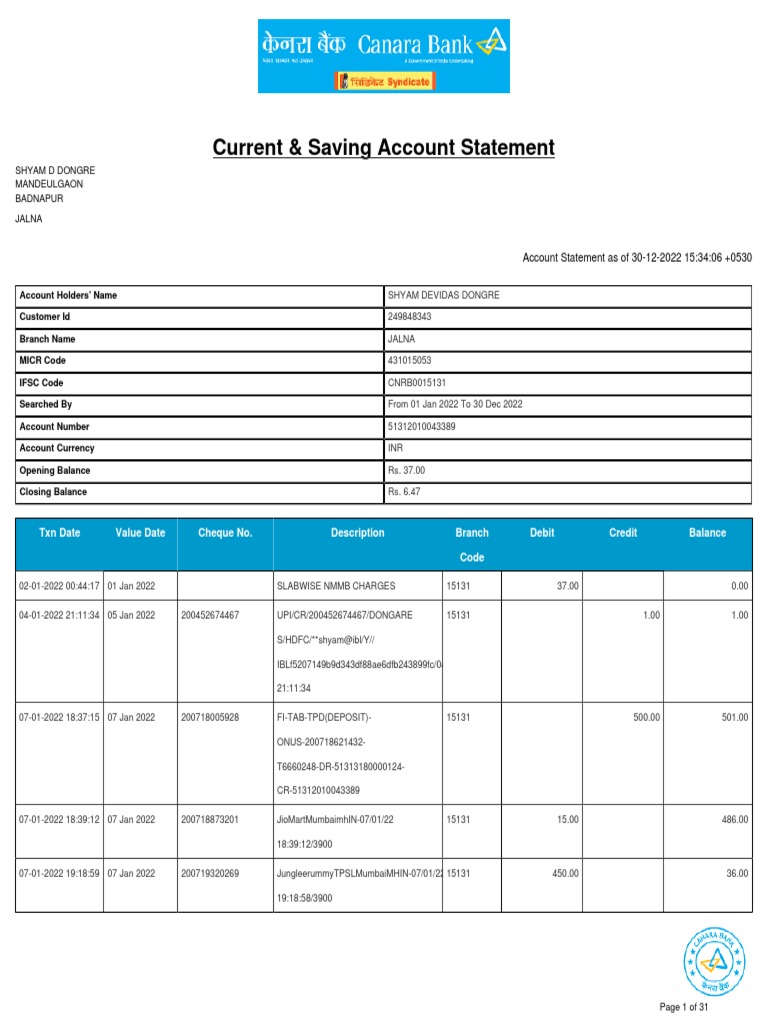 Current & Saving Account Statement: Shyam D Dongre Mandeulgaon Badnapur Jalna | PDF | Banks | Cheque