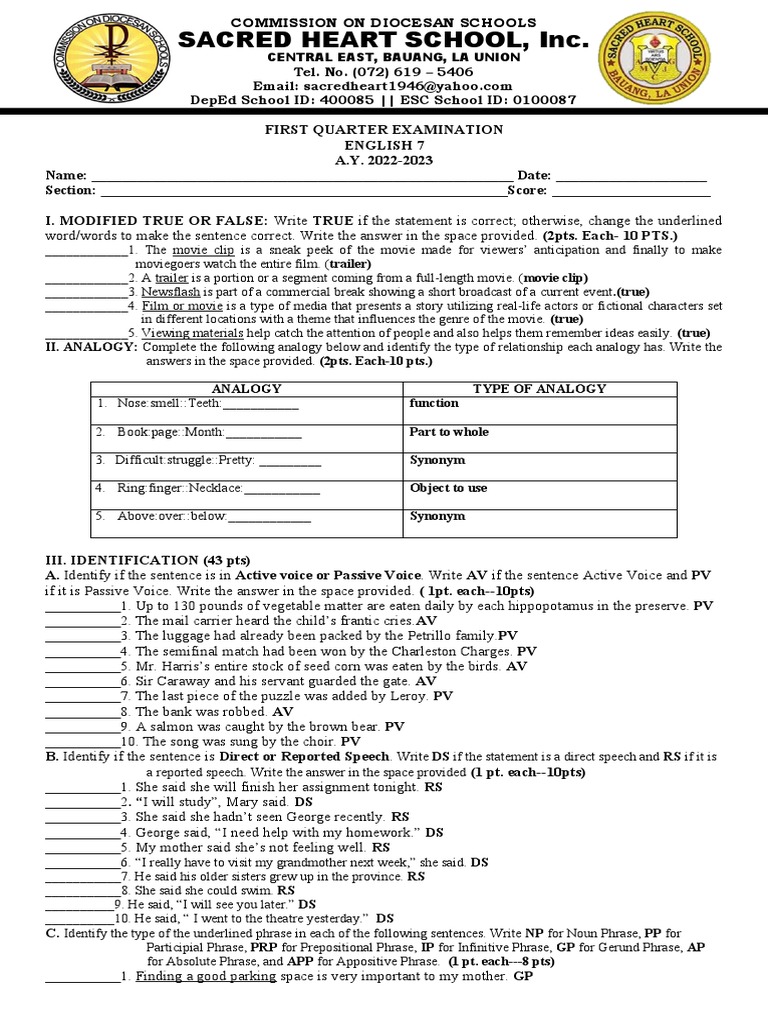 ENGLISH-7-FIRST-QUARTER-EXAM-ANSWERS | PDF | Phrase | Clause