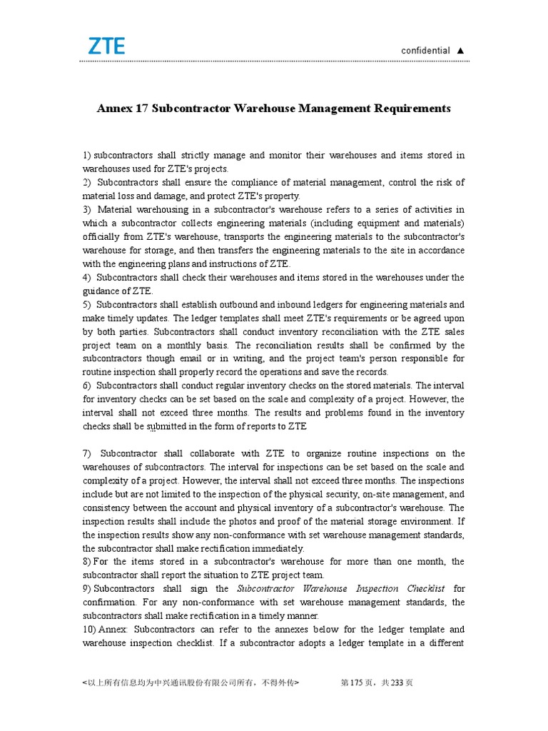ZTE Subcontractor Warehouse Guidelines | PDF | Warehouse | Inventory