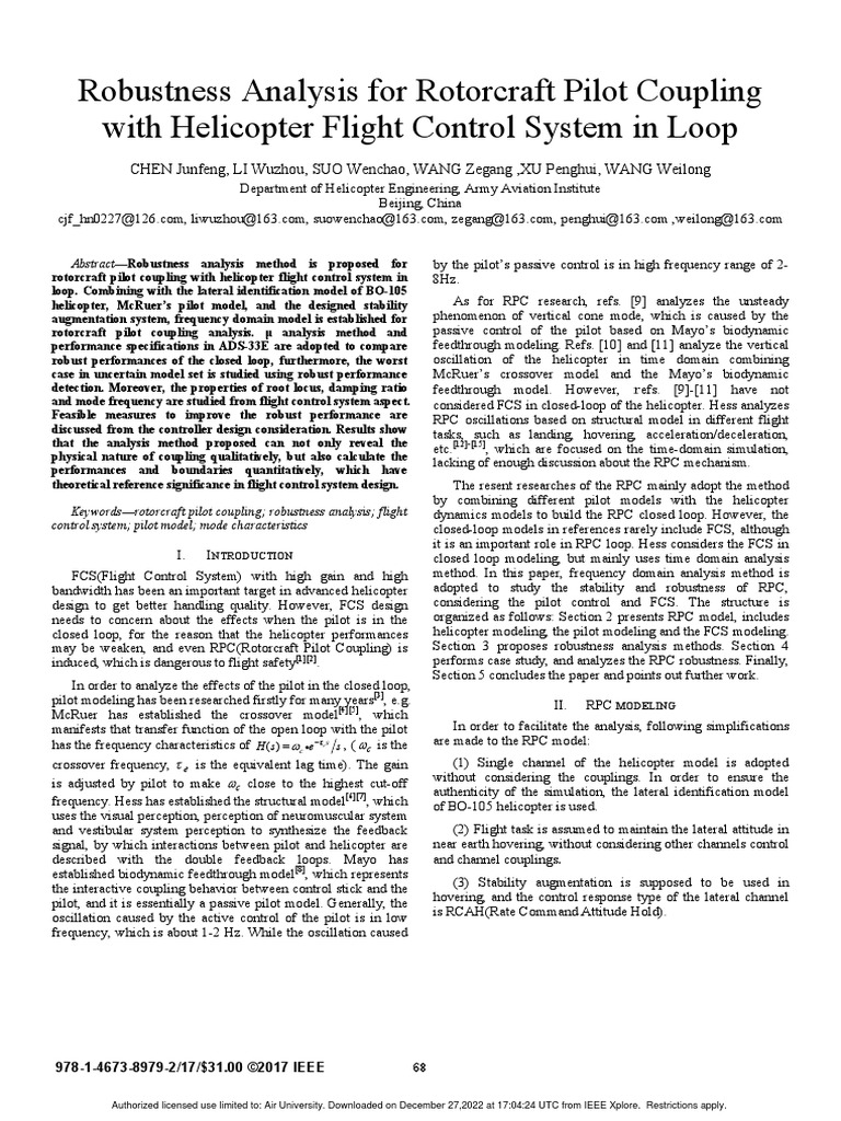 Robustness Analysis For Rotorcraft Pilot Coupling With Helicopter Flight Control System In Loop