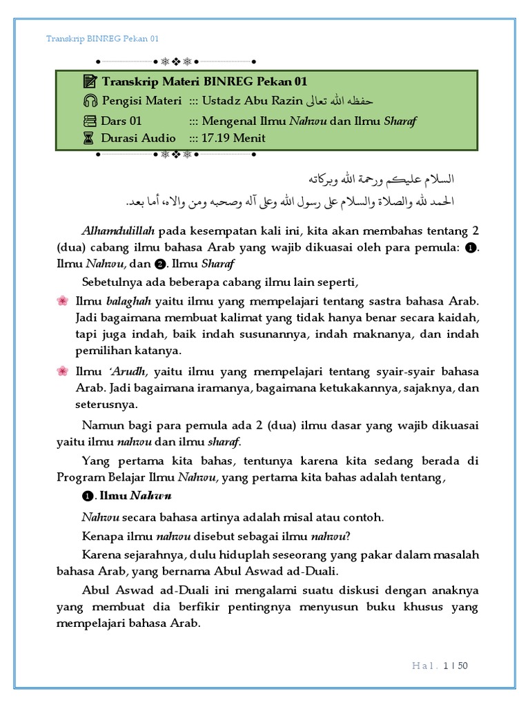 Transkrip BINREG P01 (Dars 01-07) | PDF | Seni & Disiplin Bahasa | Agama & Spiritualitas