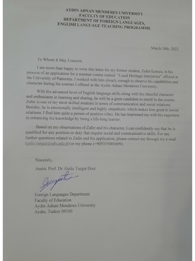 Zafer Karaca Letter of Recommendation | PDF